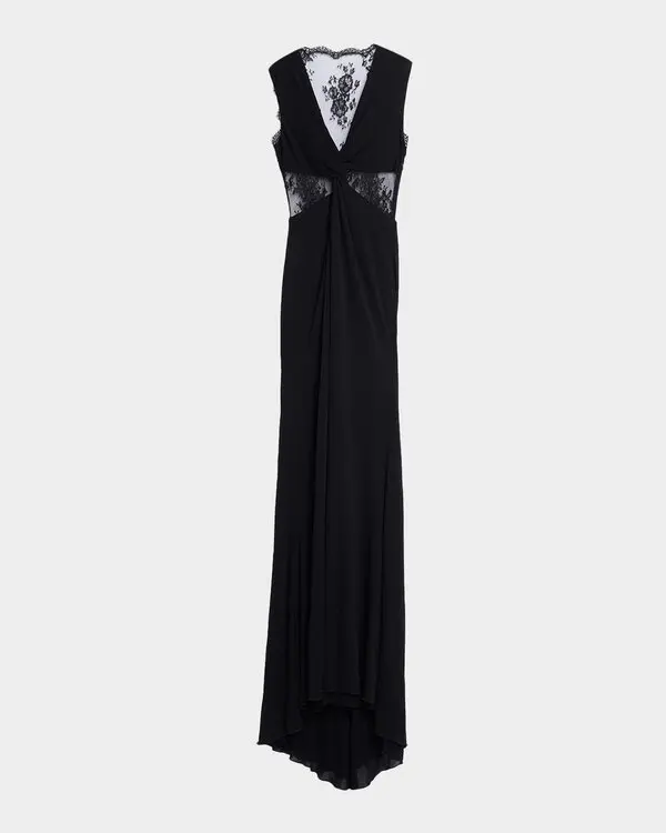 Roberto Cavalli Twisted Plunging Lace-inset Gown