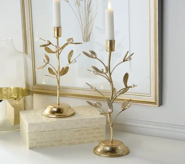 VALERIE PARR HILL Set Mistletoe Metal Taper Holders Valerie