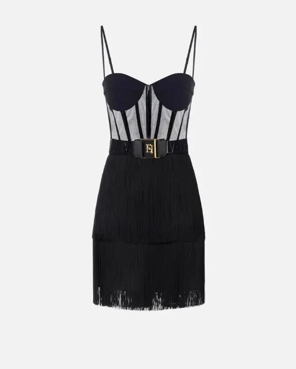 Elisabetta Franchi Tulle Mini Dress With Fringes - Black