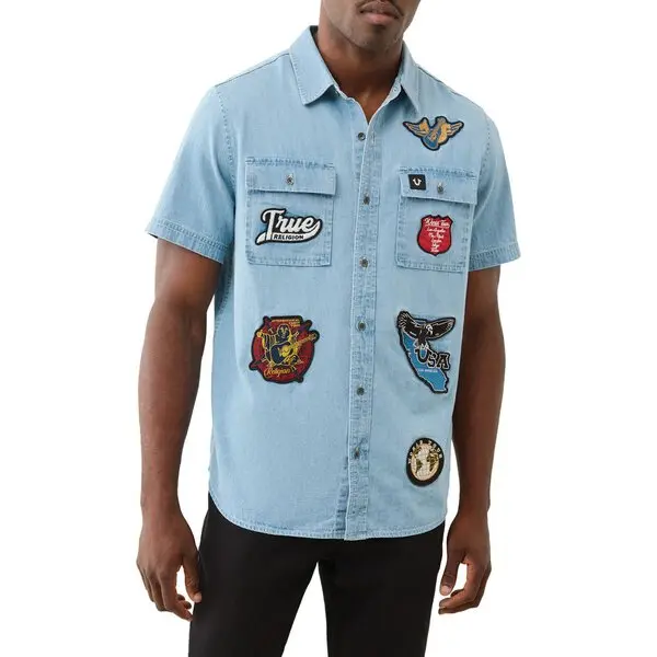 True Religion Logo Patch Short Sleeve Cotton Button-up Work Shirt
