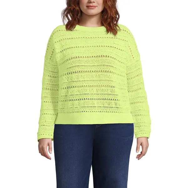 LANDS' END Cotton Blend Pointelle Crew Neck Sweater - Soft Limoncello Yellow