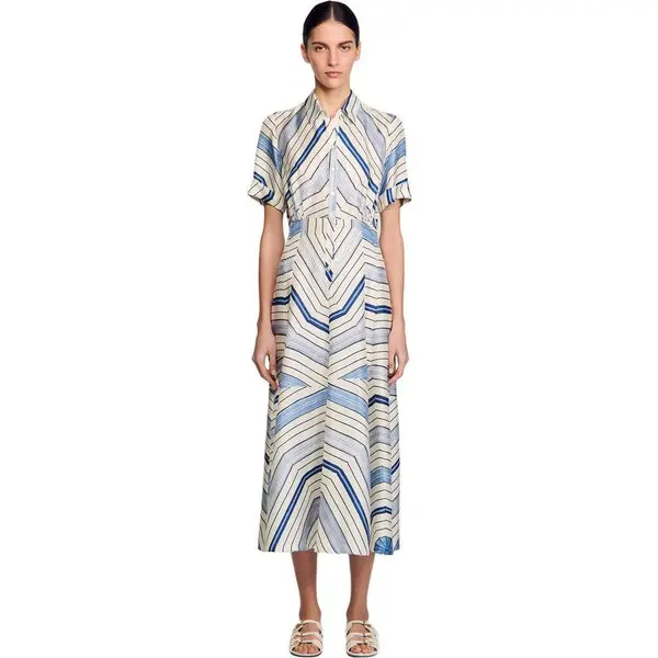 Sandro Spiral-motif Silk Midi Shirt Dress - Sky Blue