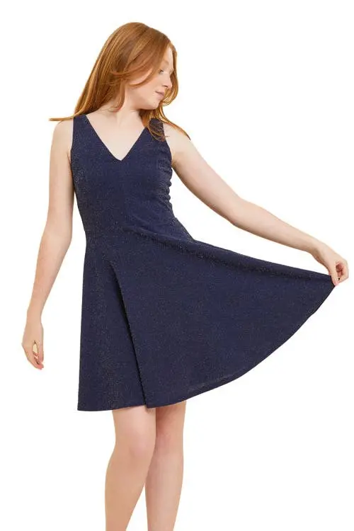 UN DEUX TROIS Glitter Fit & Flare Dress - Navy