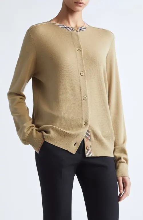 Burberry Check Trim Wool Cardigan - Flax