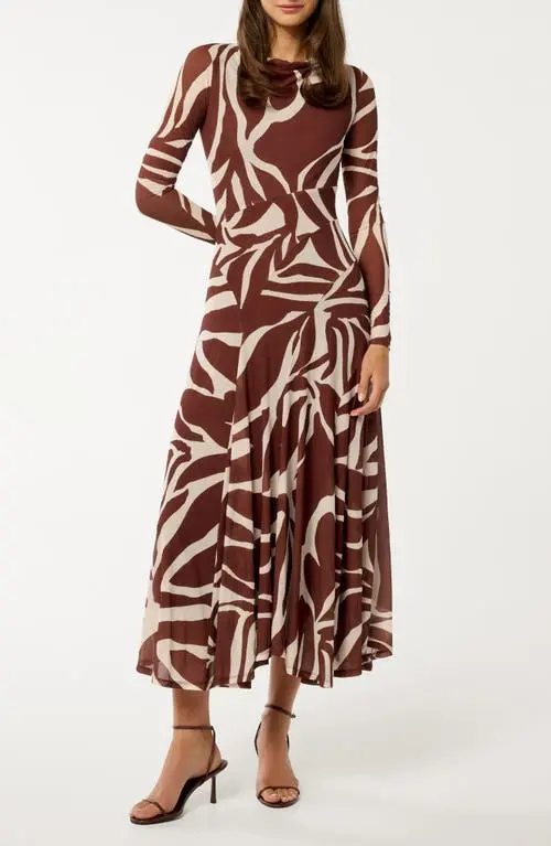 EVER NEW Mesh Midi Dress Asymmetric Hem - Dark Drew Abstract