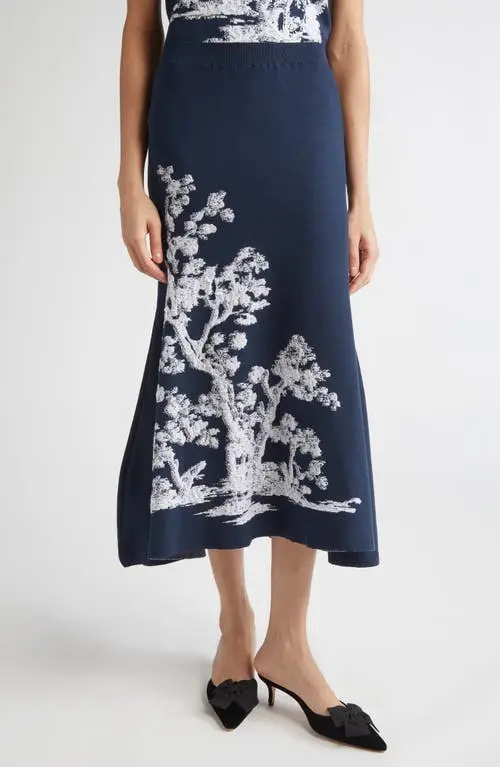 Erdem Etching Jacquard A-line Knit Midi Skirt - Cyanotype Etching Navy