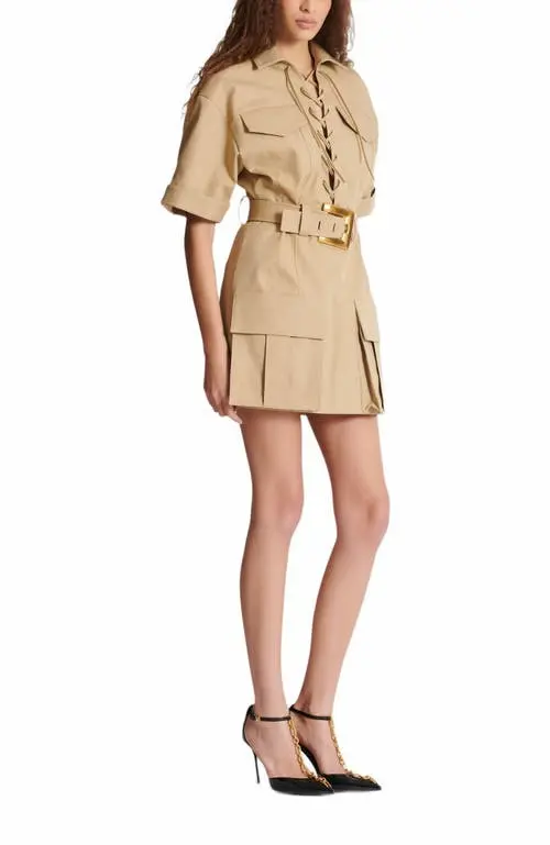 Balmain Short Cotton Gabardine Lace-up Dress - Beige