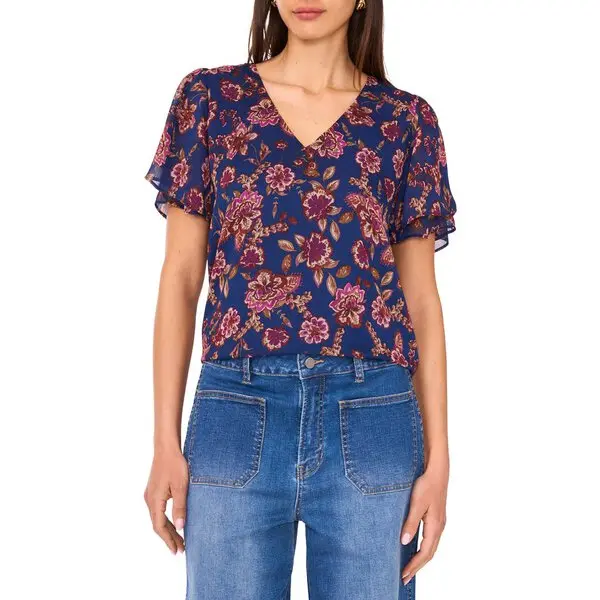 Vince Camuto Floral Ruffle Sleeve Top - Deep Sky