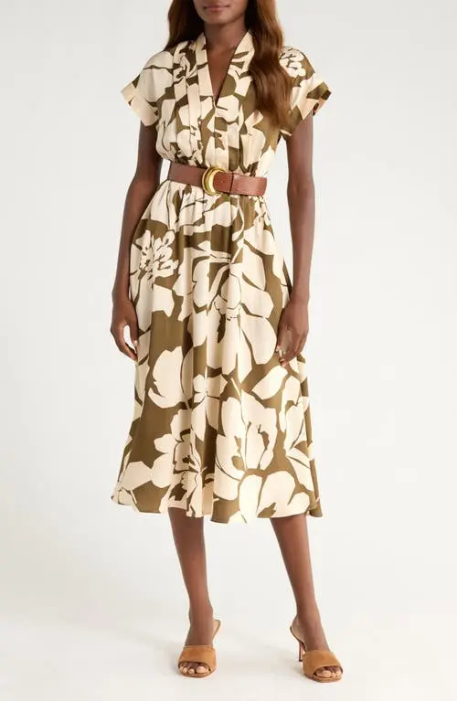 Donna Karan New York Floral Short Sleeve Belted A-line Midi Dress - Sap Green/camel