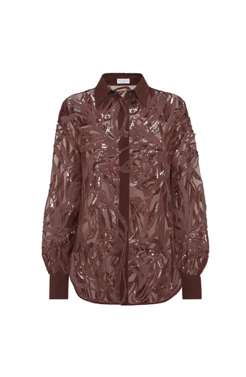 Brunello Cucinelli Floral Embroidered Shirt - Brown