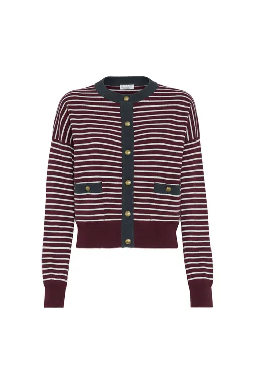 Brunello Cucinelli Striped Virgin Wool, Cashmere, And Silk Cardigan - Amaranth