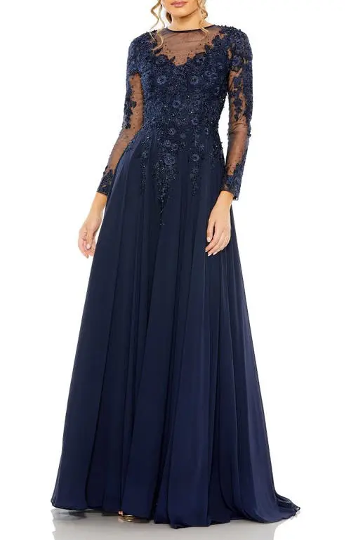 Mac Duggal Hand-embellished Lace Gown With Jeweled Embroidery - Midnight