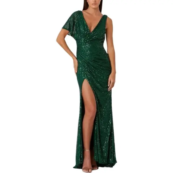 Mac Duggal Sequined Asymmetrical Draped Trumpet Gown