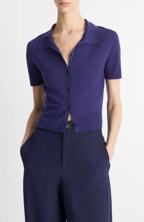 Vince Short Sleeve Button-up Sweater - Deep Iris