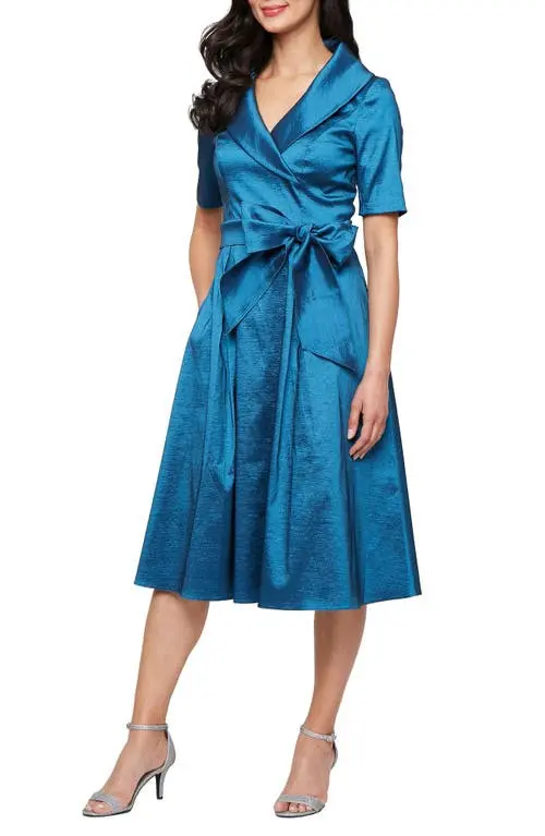 Alex Evenings Stretch Taffeta Faux Wrap Midi Cocktail Dress
