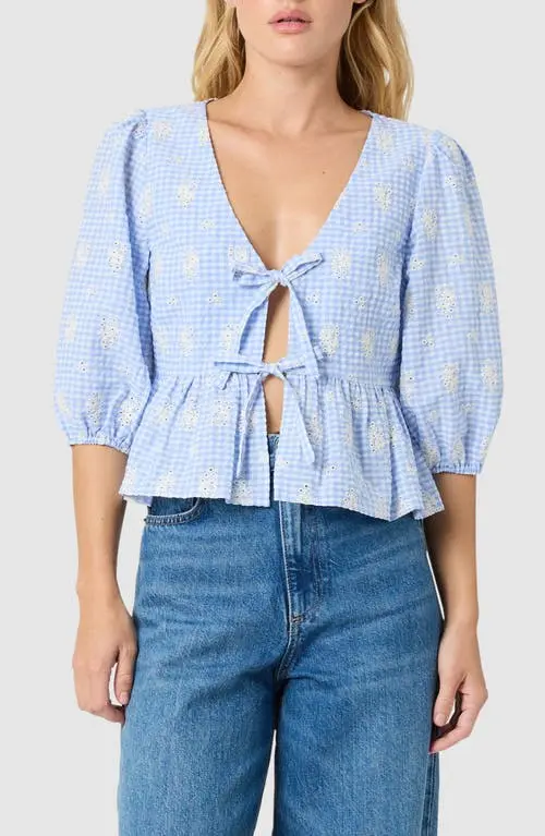 ALL IN FAVOR Embroidered Gingham Peplum Cotton Blend Top
