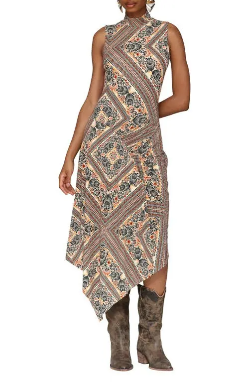Avec Les Filles Asymmetric Hem Sleeveless Dress - Casablanca Tile
