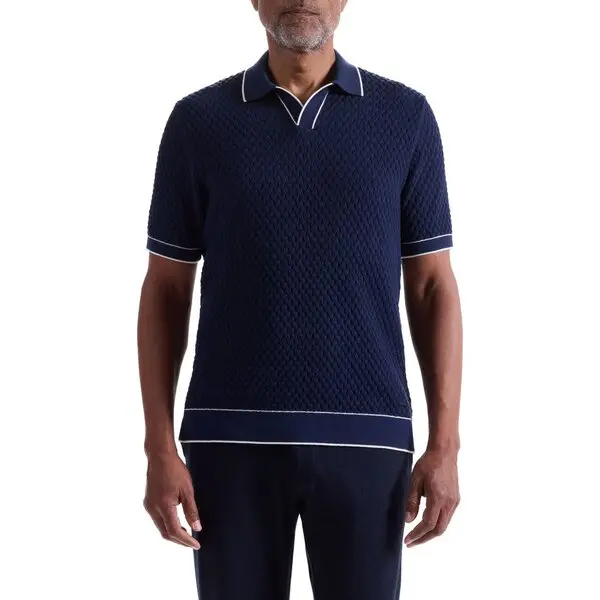 Bugatchi Johnny Collar Basket Stitch Cotton Blend Polo Sweater - Navy
