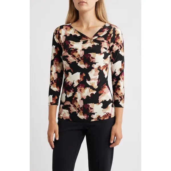 Anne Klein Printed Gathered Asymmetric Neck Top