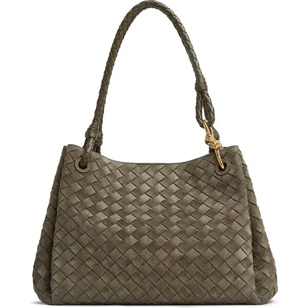 Bottega Veneta Large Intrecciato Suede Shoulder Bag - 3230 Cypress-muse Brass