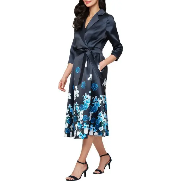 Alex Evenings Placement Print Faux Wrap Mikado Cocktail Dress