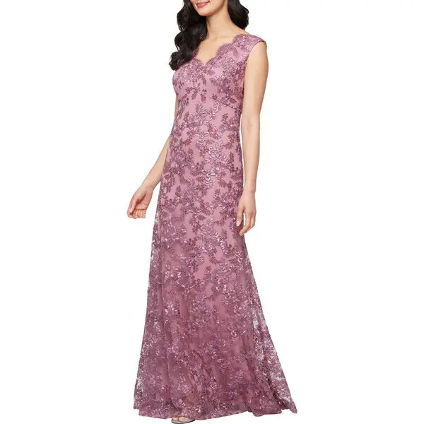 Alex Evenings Embroidered Scalloped Sleeveless Gown