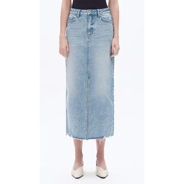 BAYEAS Raw Hem Denim Midi Skirt