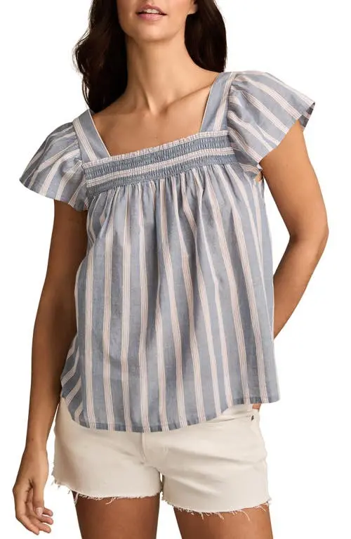 Lucky Brand Stripe Smocked Square Neck Cotton Top - Navy Stripe