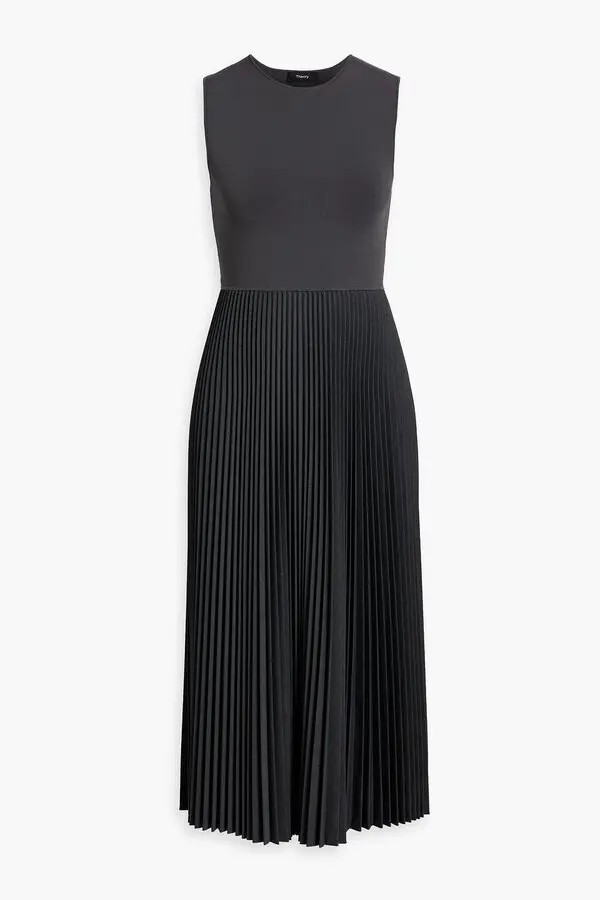 Theory Pleated Flannel And Stretch-knit Midi Dress