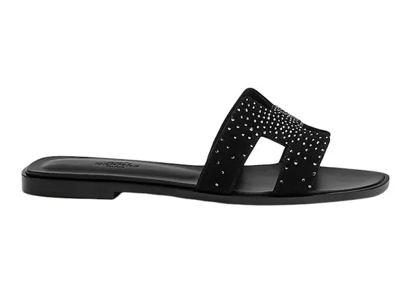 Hermès Oran Sandal Rhinestone Noir Suede Goatskin - Black/silver