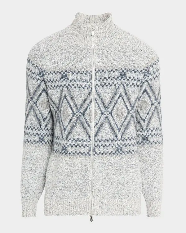 Brunello Cucinelli Fair Isle Alpaca-blend Zip Cardigan - Acru And Blue