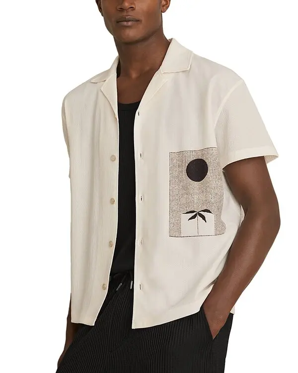 REISS Abstract Printed Cuban Shirt - White