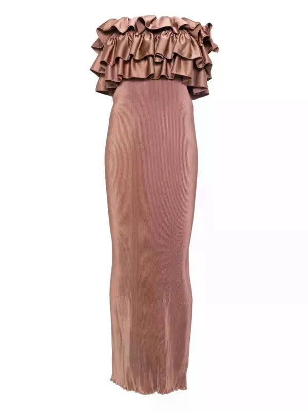 L'IDEE Pleated Ruffled Maxi Evening Dress