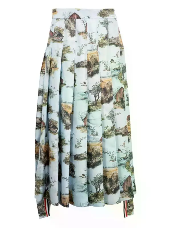 Thom Browne Pleated Scenic-toile Midi Skirt - Blue