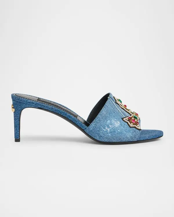 Dolce & Gabbana Embellished Denim Slide Sandals - 8c609 Blu Multicolor