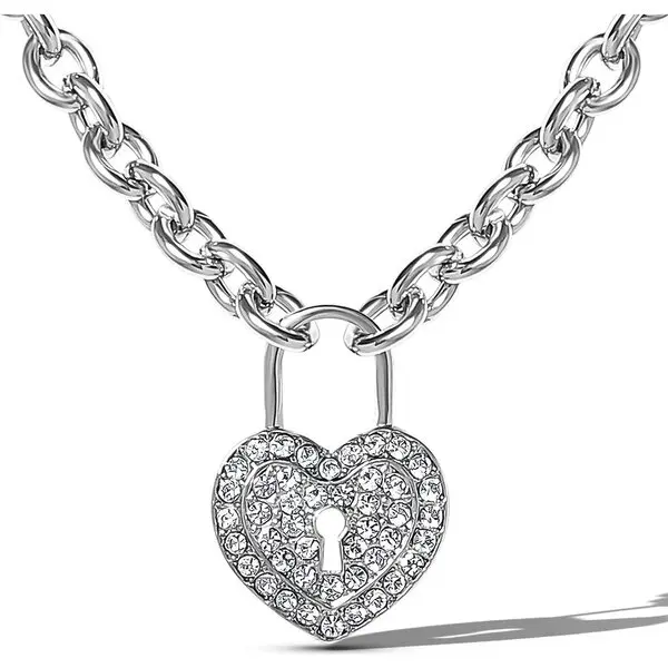 Jessica Simpson Pave Crystal Heart Lock Necklace - Silver