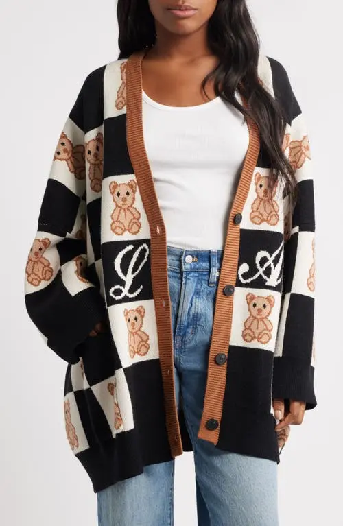 DRESSED IN LALA Oversized Checker-patterned Knit Cardigan - Black And White