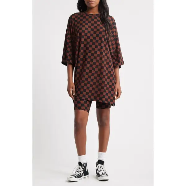 DRESSED IN LALA Malone Rib Oversized T-shirt & Biker Shorts Set - Black And Brown