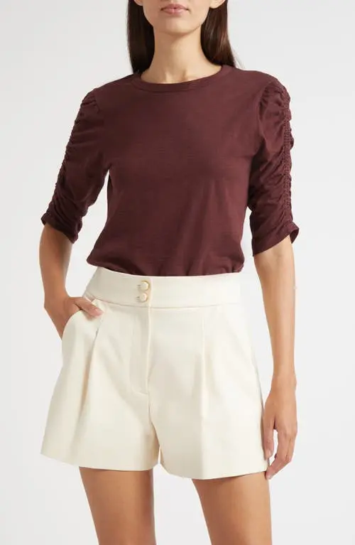 Veronica Beard Ruched Sleeve Cotton Slub Top - Raisin