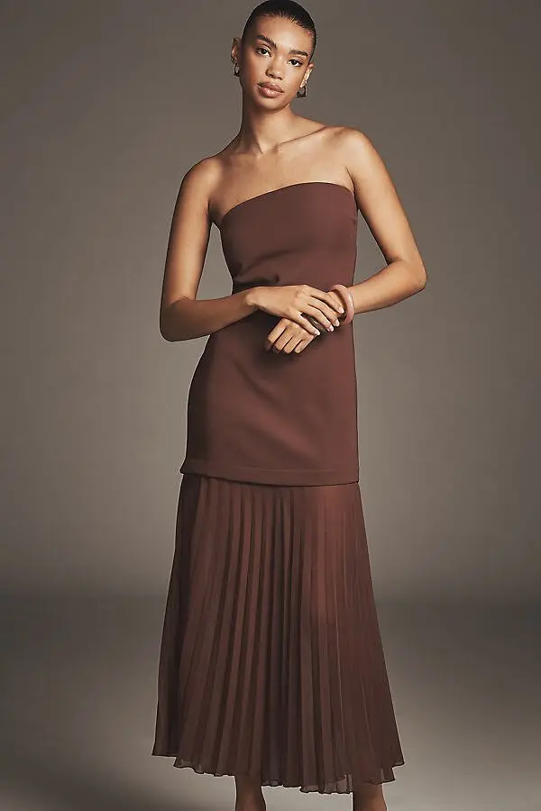 Anthropologie Strapless Twofer Pleated Midi Dress - Brown