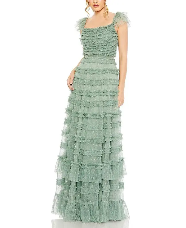 Mac Duggal Ruffle Cap-sleeve Embellished Tiered Gown