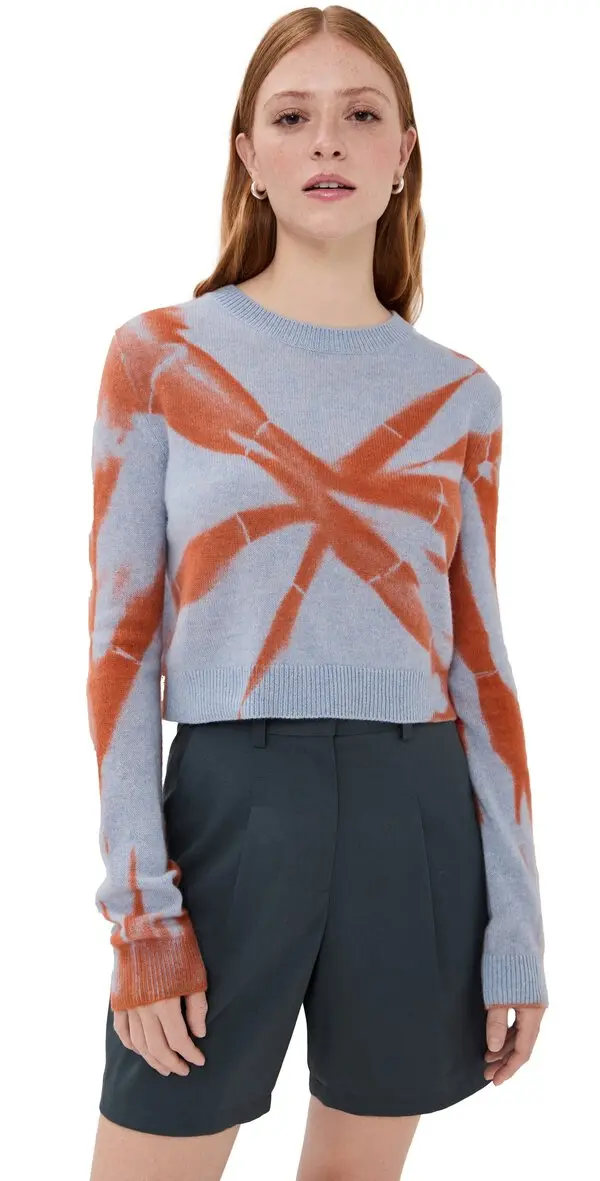 THE ELDER STATESMAN Mythic Tranquility Cashmere Crew Sweater - Ice W/ Persimmon