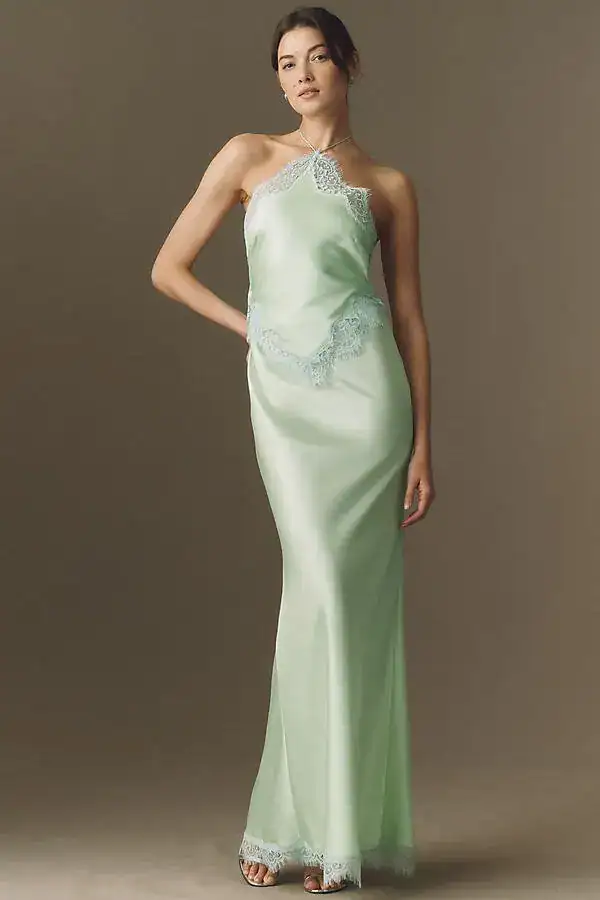 Retrofete Everly Halter Lace-Trim Satin Maxi Dress - Glace Pistachio |  Editorialist