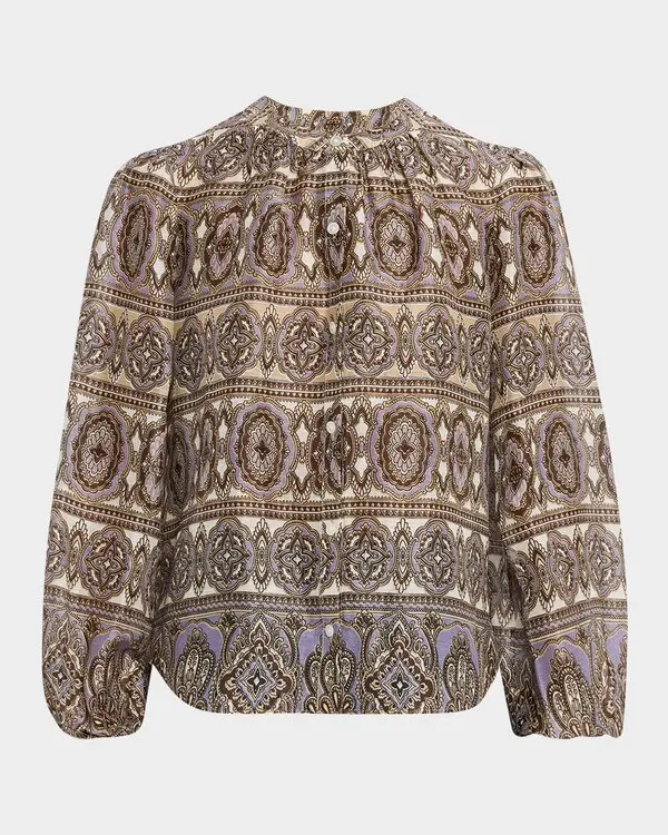 Veronica Beard Ashlynn Printed Linen Top - Stone Khaki Multi