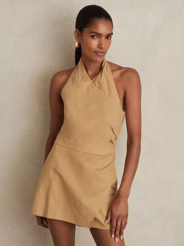 REISS Pia Lyocell-cotton Halter Skort Playsuit - Camel