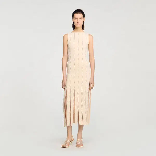 Sandro Fringed Knit Maxi Dress - Ecru
