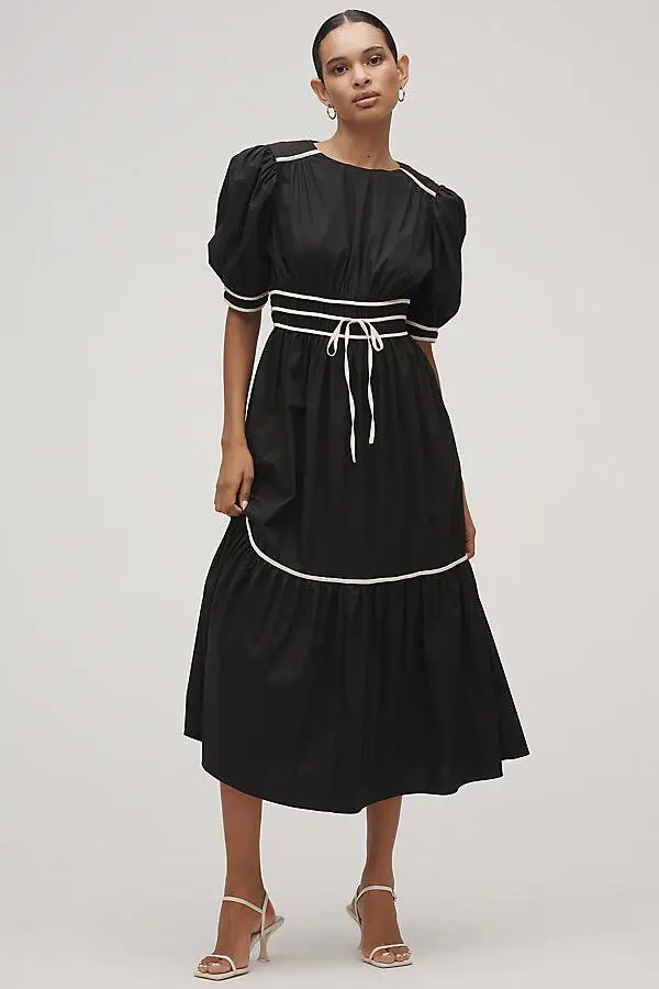 English Factory Puff-sleeve Piped Midi Dress