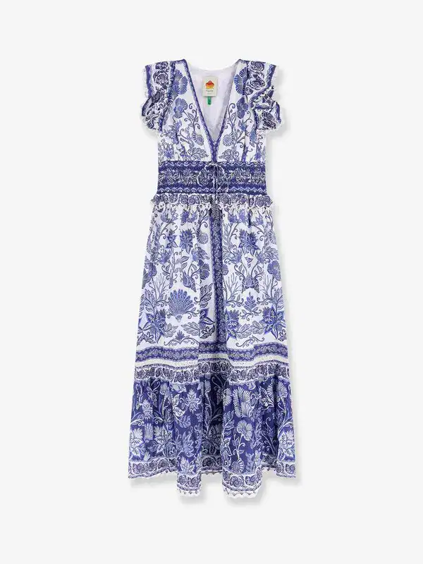 Farm Rio Shell Garden Cotton Long Dress - Blue | Editorialist