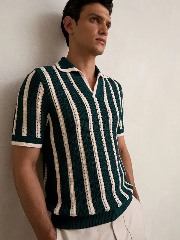 REISS Duncan Cotton Blend Stripe Knit Polo Shirt - Dark Teal Green/ecru