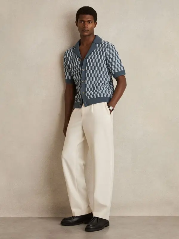 REISS Robbie Cotton Checkerboard-knit Shirt - Airforce Blue/soft Blue